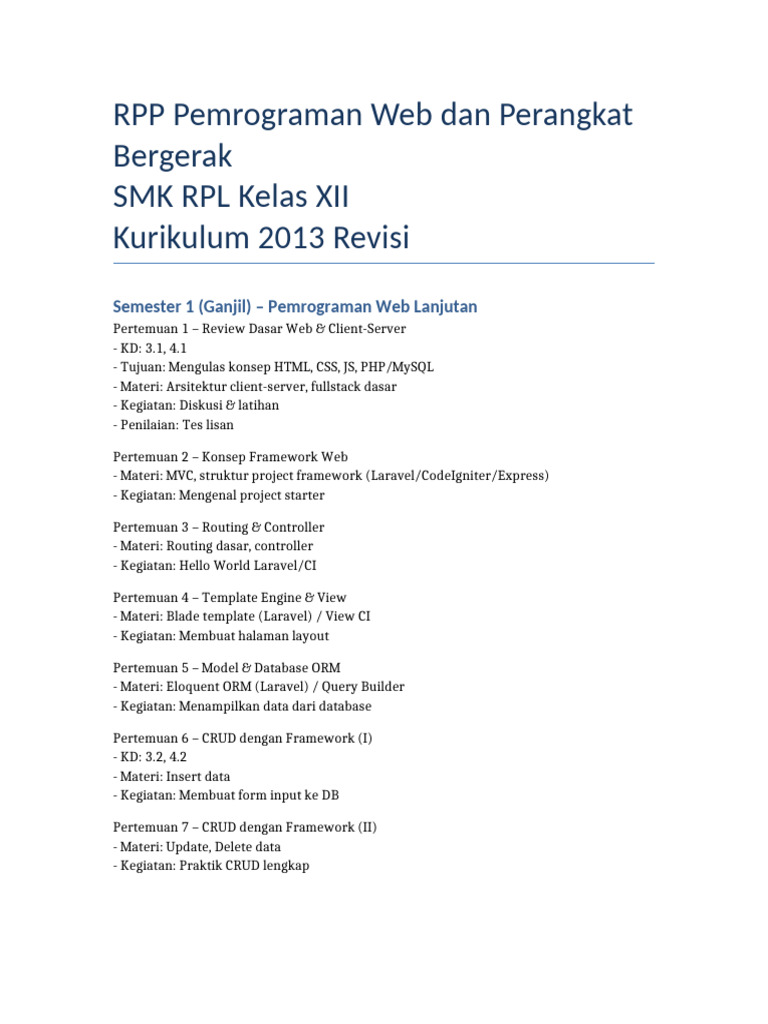 RPP Pemrograman Web Dan Perangkat Bergerak Kelas XII SMK | PDF