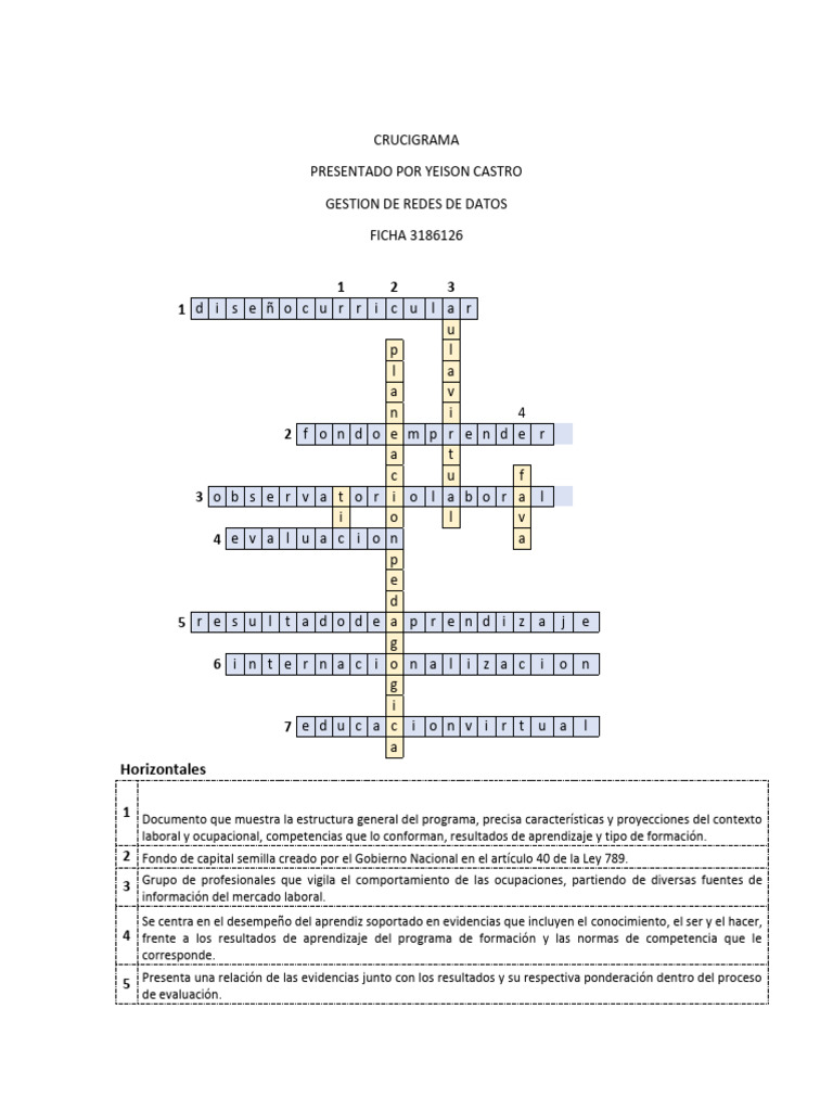 Crucigrama Yeison Castro 3186126 | PDF | Aprendizaje