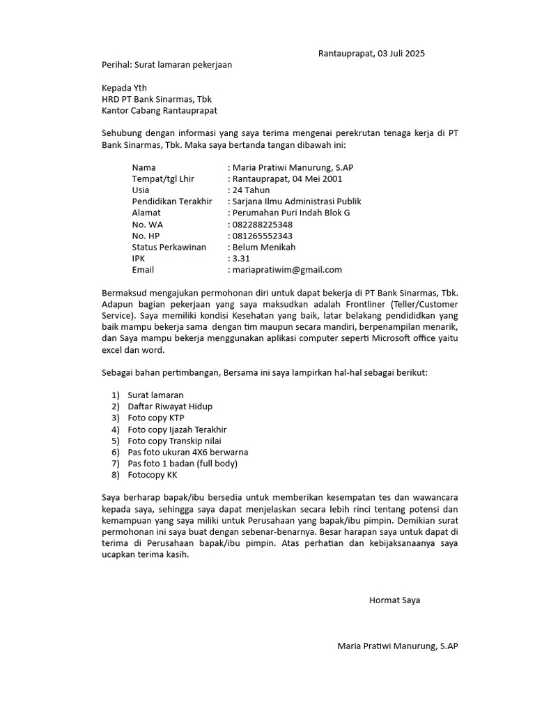 Lamaran Pekerjaan Frontliner Bank Sinarmas | PDF