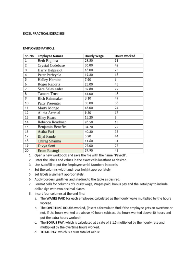 Excel Practical Exercises | PDF | Overtime