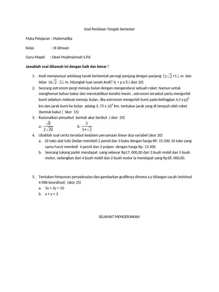 Soal Pts MTK Ikhwan | PDF