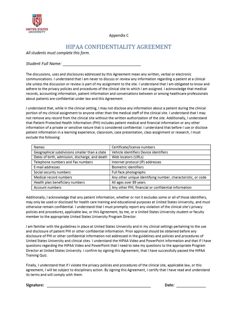 HIPAA Confidentiality Agreement for Students | PDF | Health Insurance ...