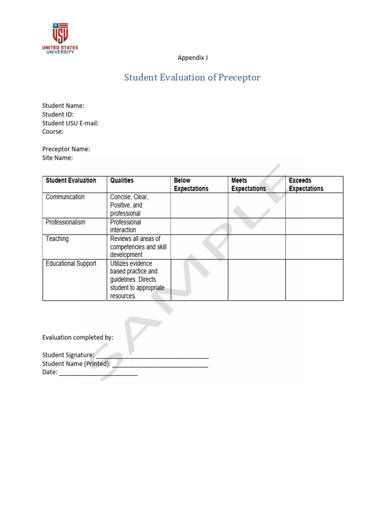 Appendix J Student Evaluation of Preceptor | PDF