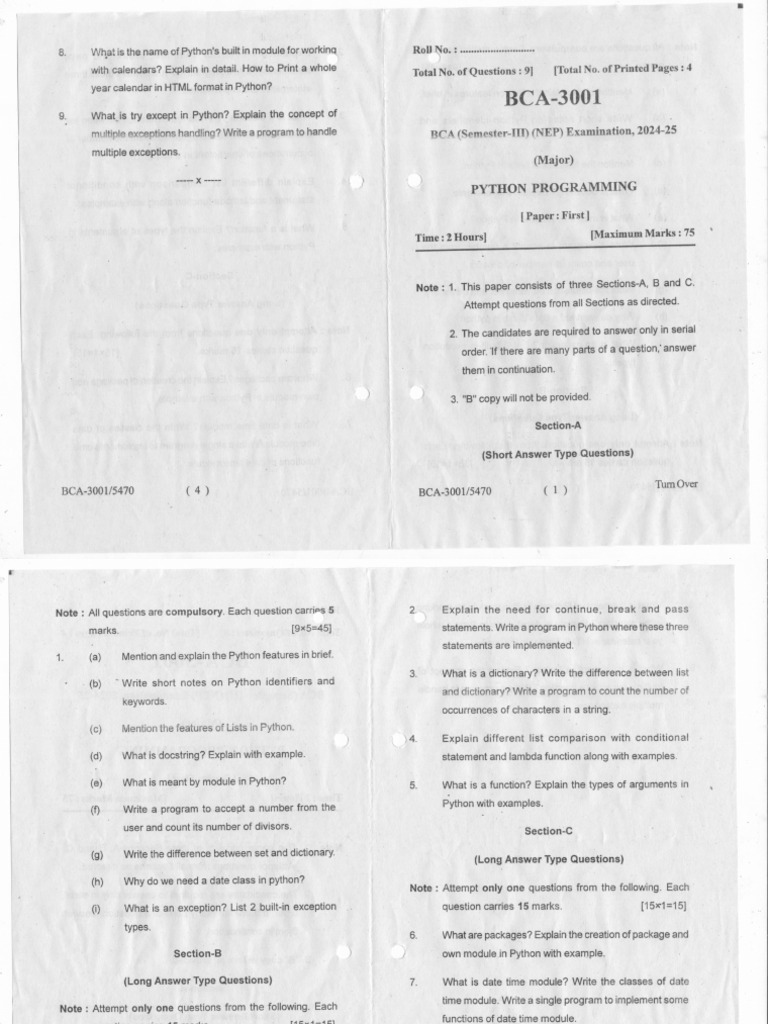 BCA III Sem - Python Programming - 2024-25 | PDF