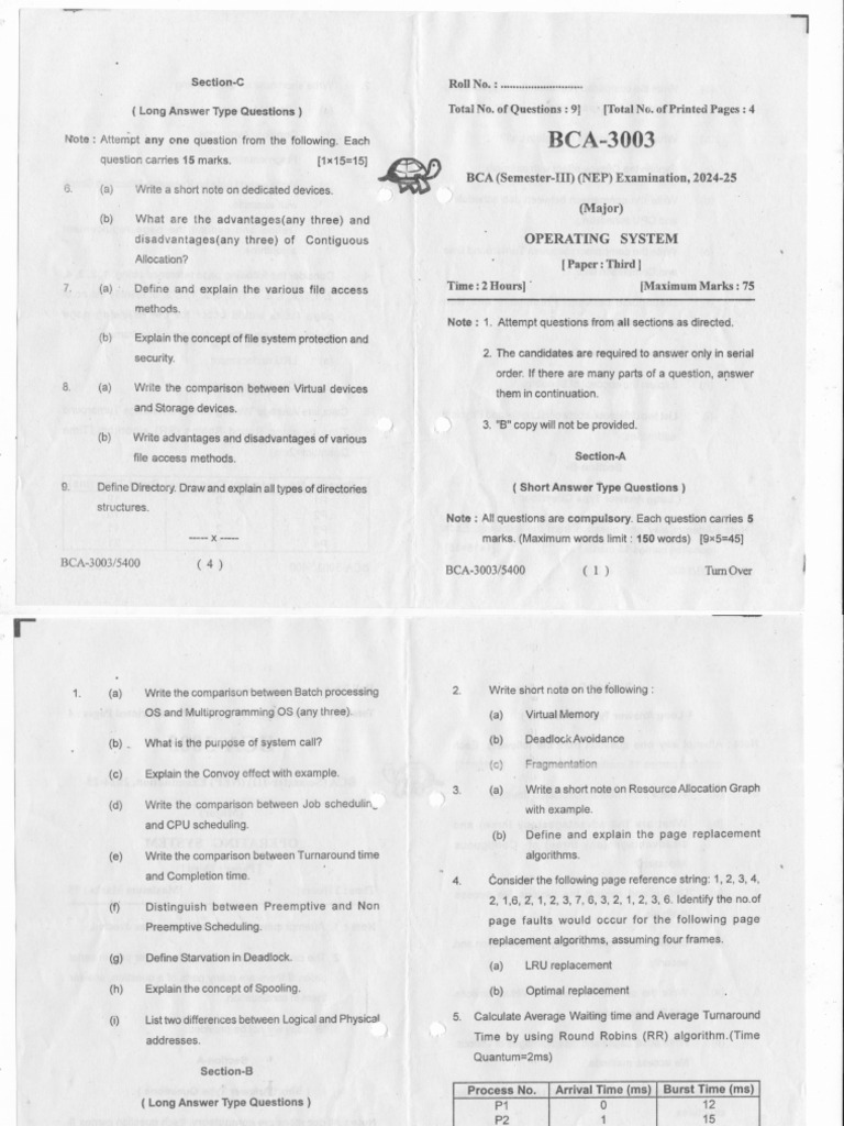 BCA III Sem - Operating System - 2024-25 | PDF