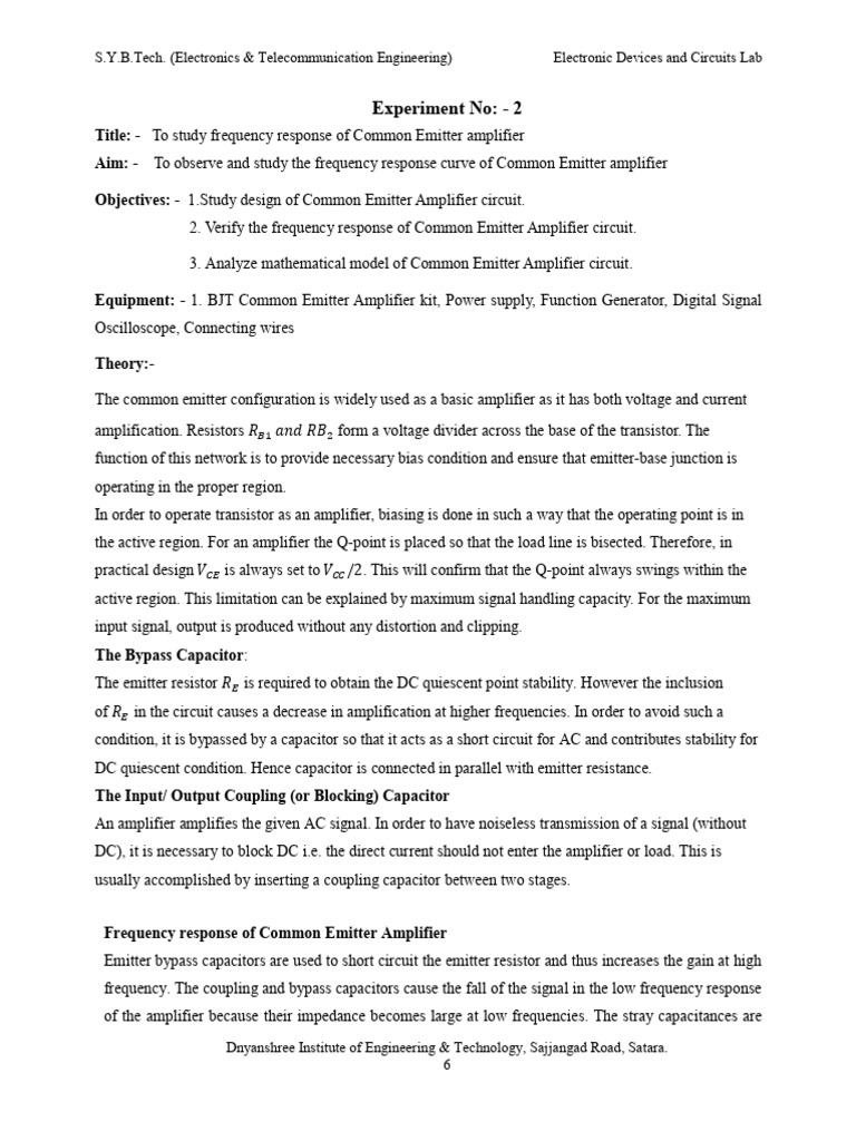 EDC Exp 2 Frequency Response of Common Emitter Amplifier | PDF | Amplifier | Capacitor