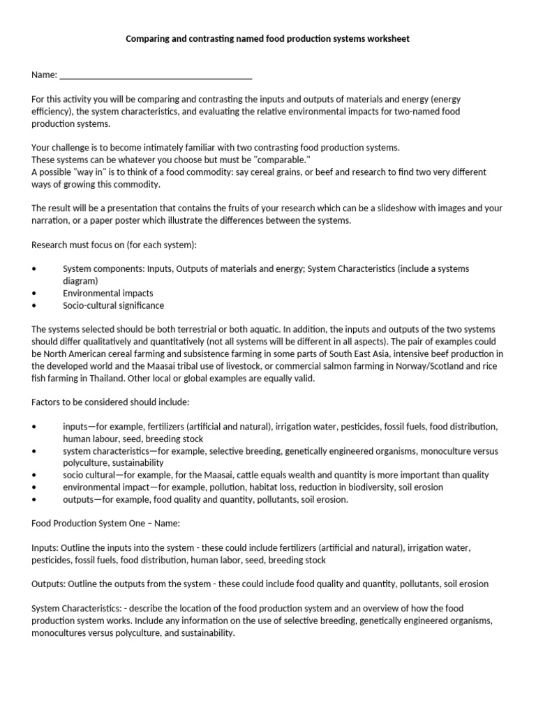 Compare Food Production Systems Worksheet | PDF | Agriculture | Cereals