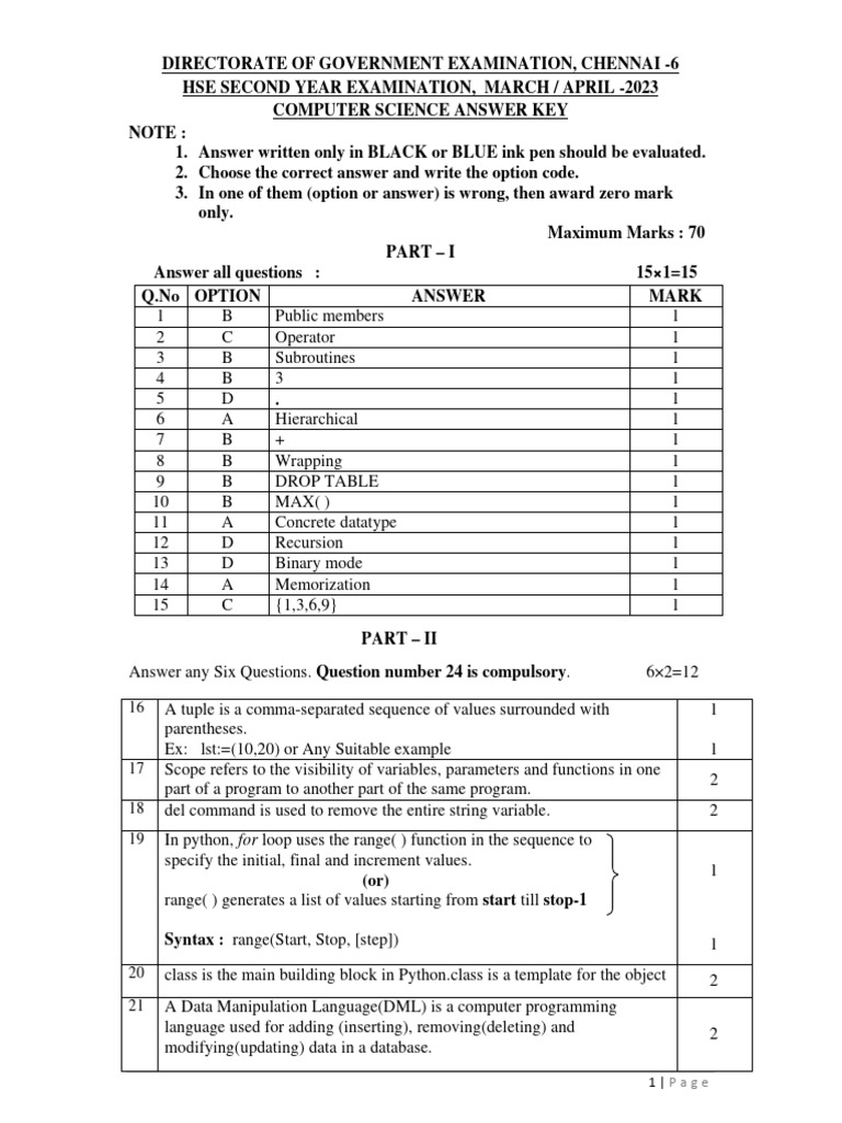 12th Computer Science EM Official Answer Key To Public Exam March 2023 English Medium PDF ...