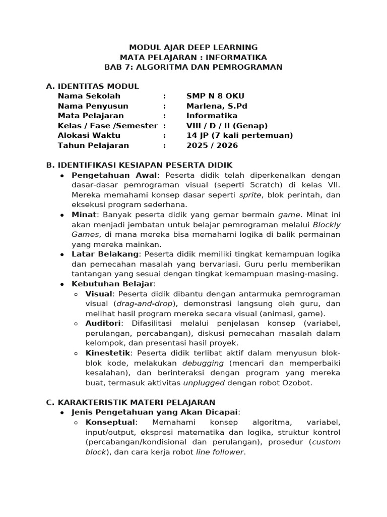 Modul Ajar 7 Informatika K-VIII (Deep Learning) 1 | PDF