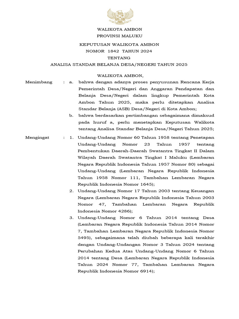 SK Walikota Ambon Tentang ASB Desa Negeri Tahun 2025 | PDF