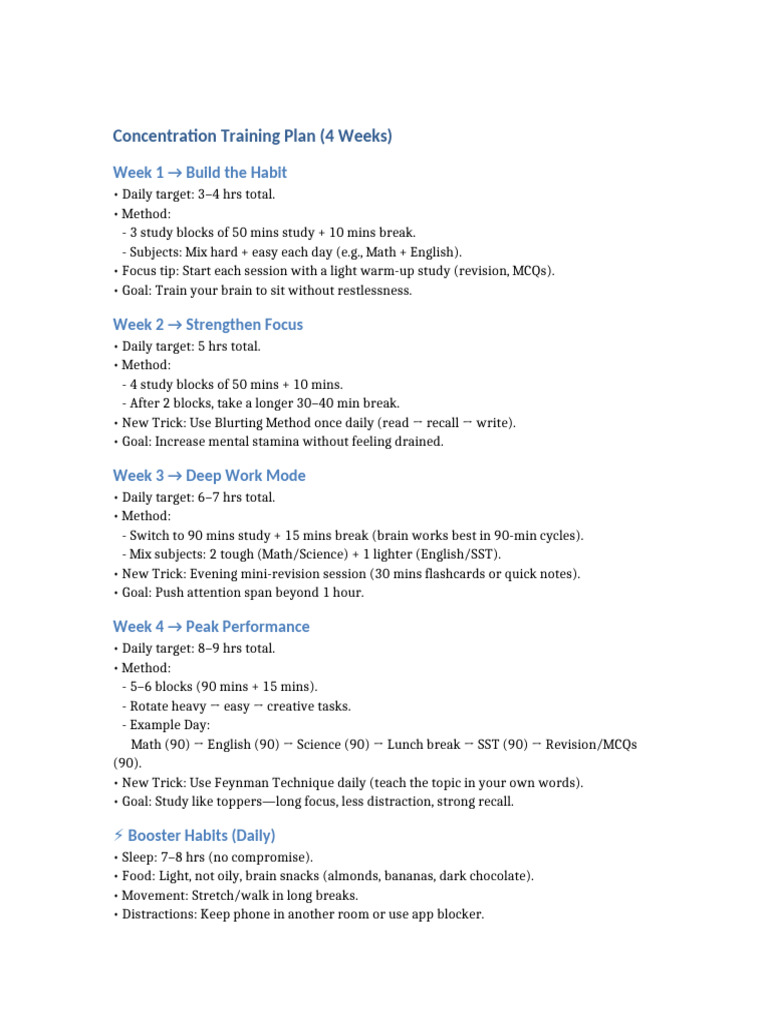 4-Week Concentration Training Plan | PDF
