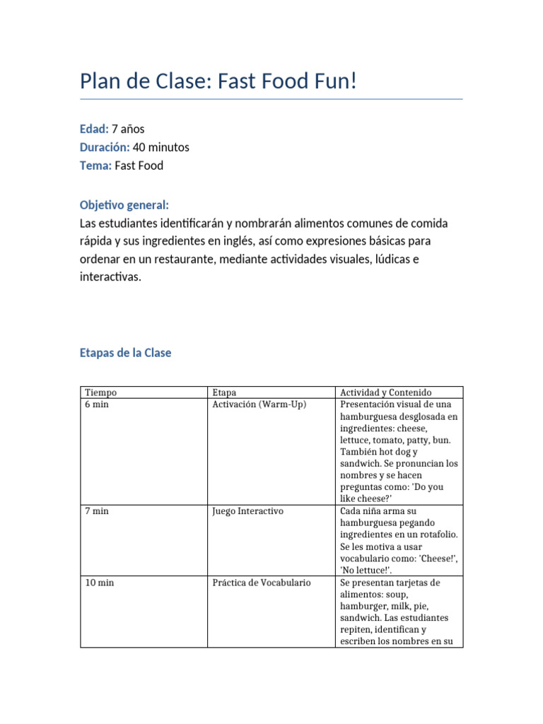 Plan Clase Fast Food Fun | PDF | Comida rápida