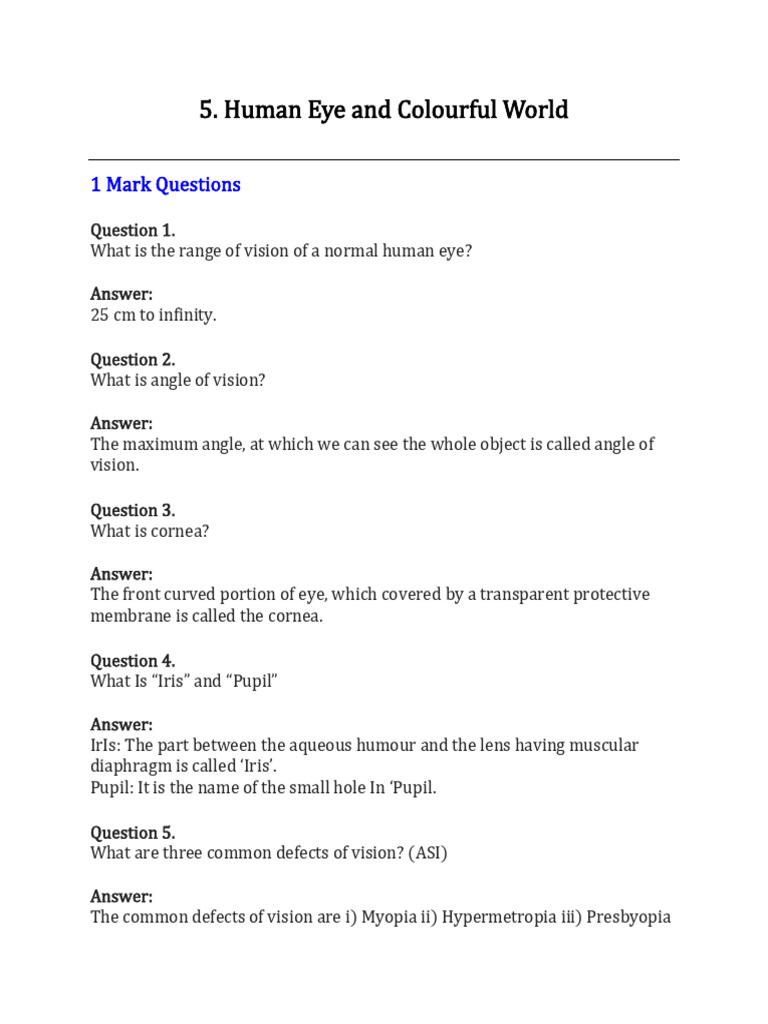Human Eye and Colourful World: 1 Mark Questions | PDF | Rainbow | Eye