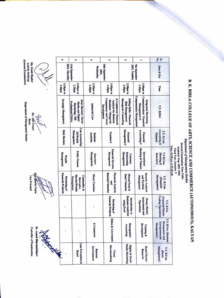 Third Year Internal Exam Timetable | PDF | Financial Markets | Money