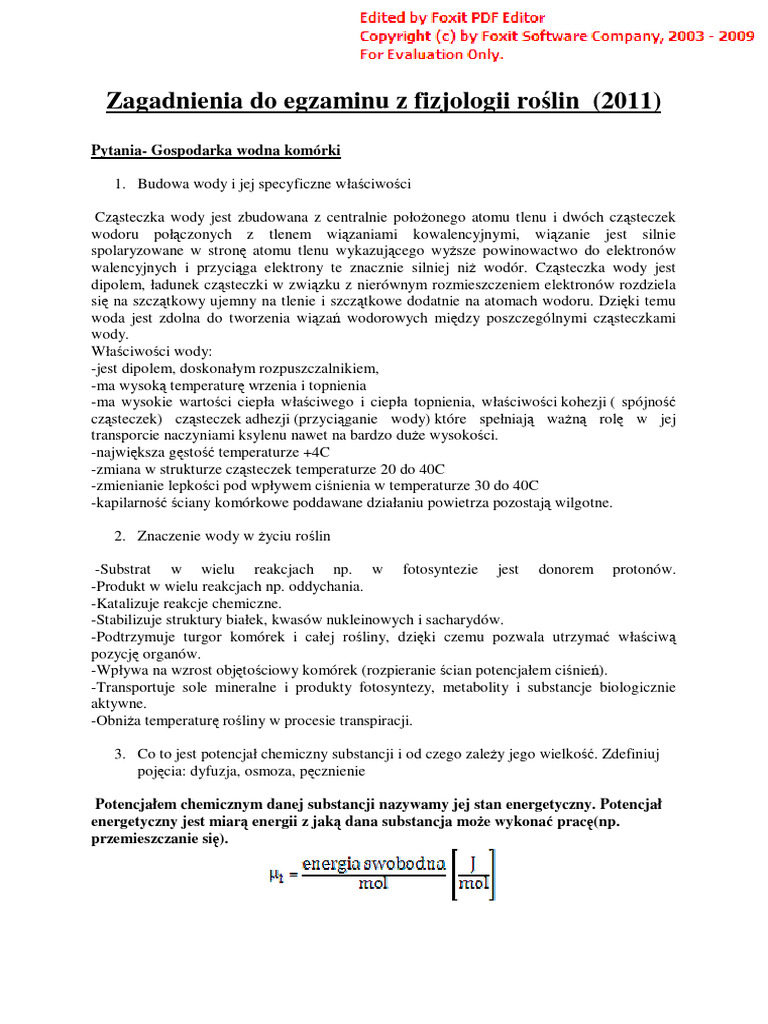 Opracowane Zagadnienia Na Egzamin Z Fizjologii Roslin | PDF
