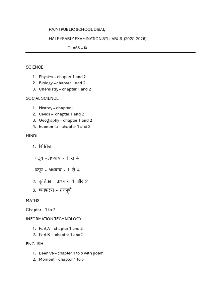 Syllabus 9 Class | PDF