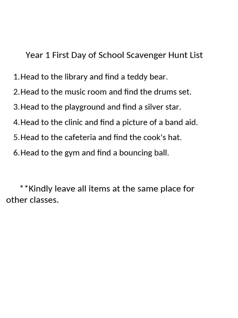 Grade 1 First Day of School Scavenger Hunt List | PDF