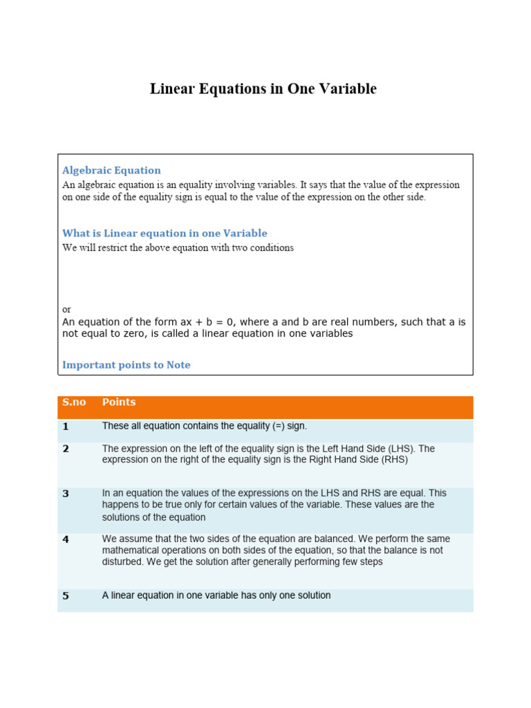 Solving Linear Equations in One Variable | PDF | Equations | Algebra
