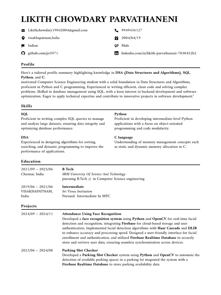 LIKITH CHOWDARY PARVATHANENI Resume | PDF | Computer Network | Databases