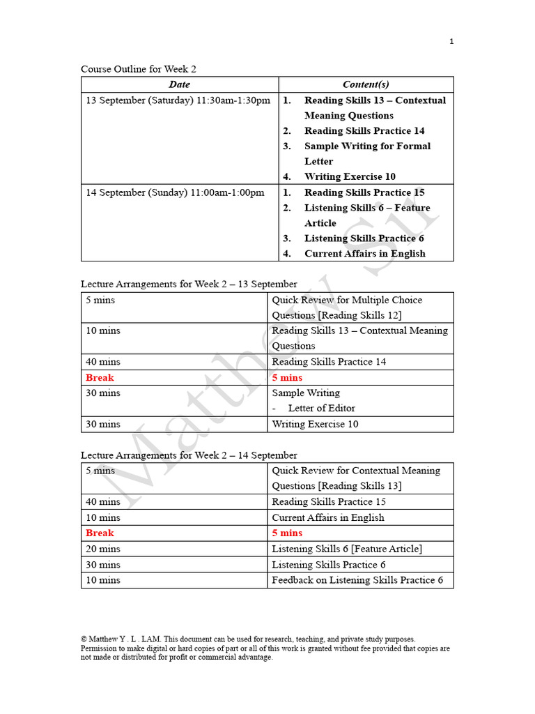 Course Outline and Lecture Arrangement On Week 2 (Michael) | PDF | Lecture