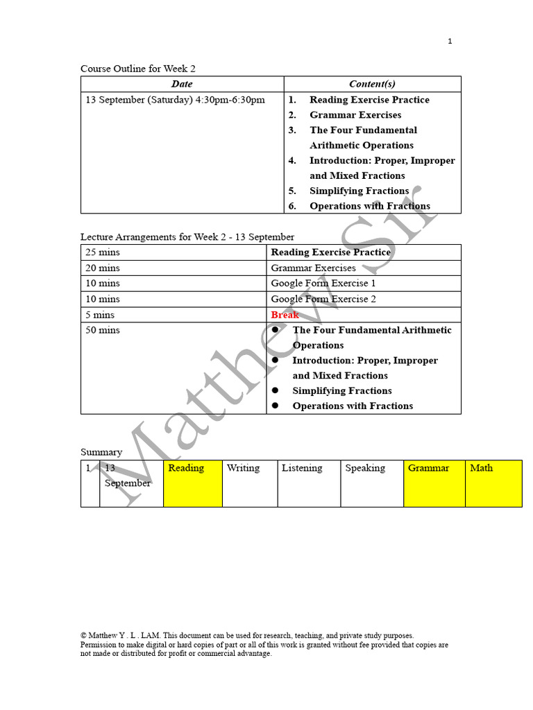 Course Outline and Lecture Arrangement On Week 2 (Vicky) | PDF