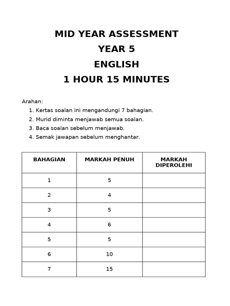 Mid Year Assessment Year 5 | PDF