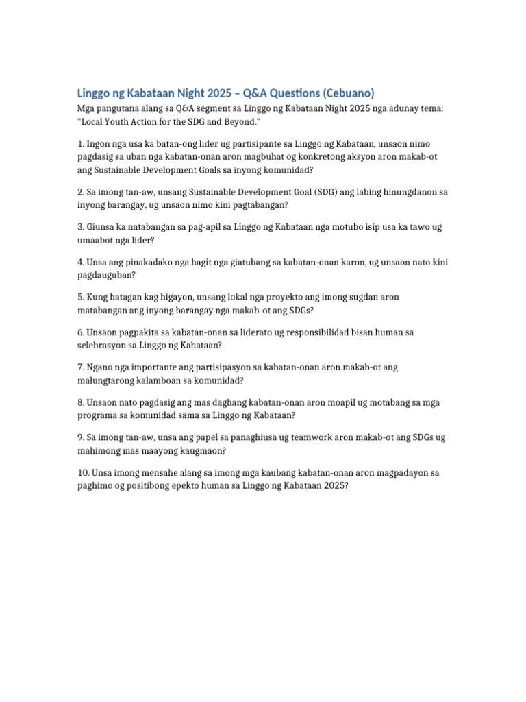 Linggo NG Kabataan QA Questions Cebuano | PDF
