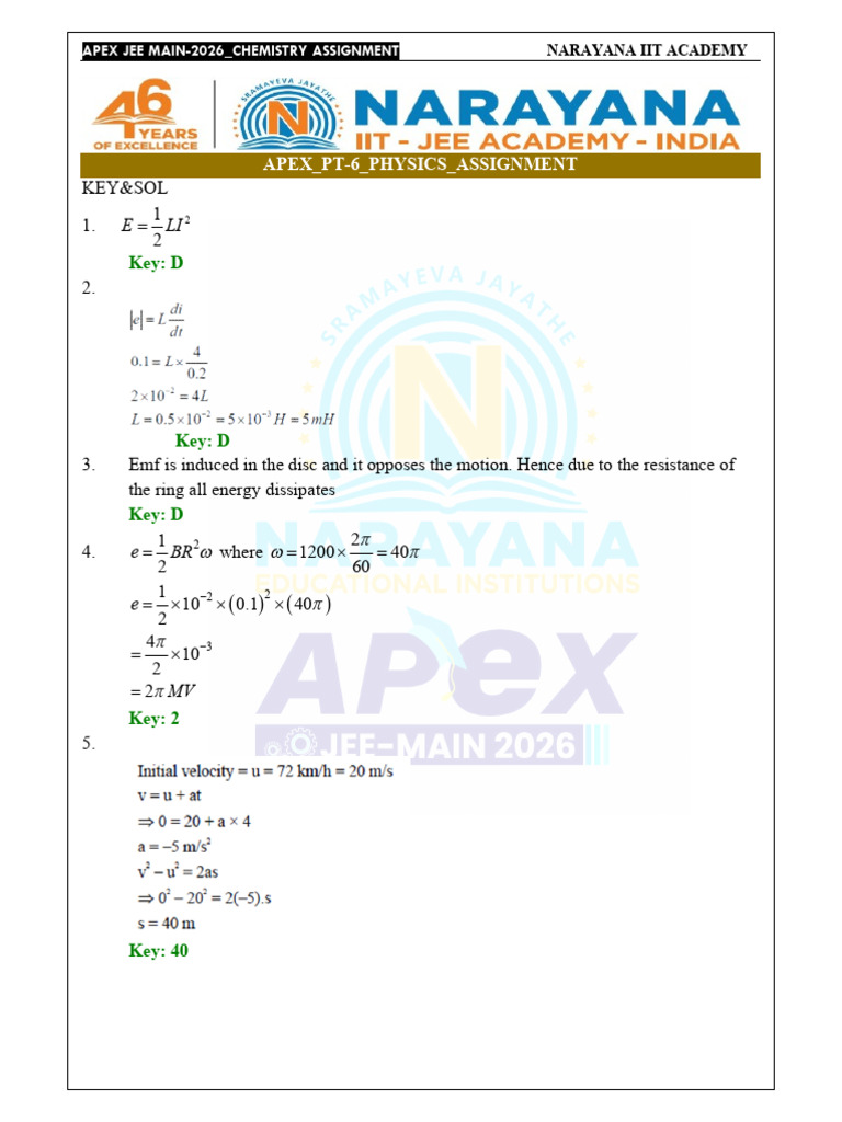 Apex Jeemain - 2026 - Physics - PT-6 - Assignment - Key&sol | PDF ...