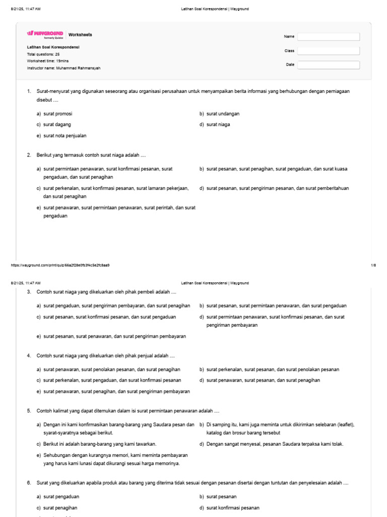 Latihan Soal Korespondensi _ Wayground | PDF