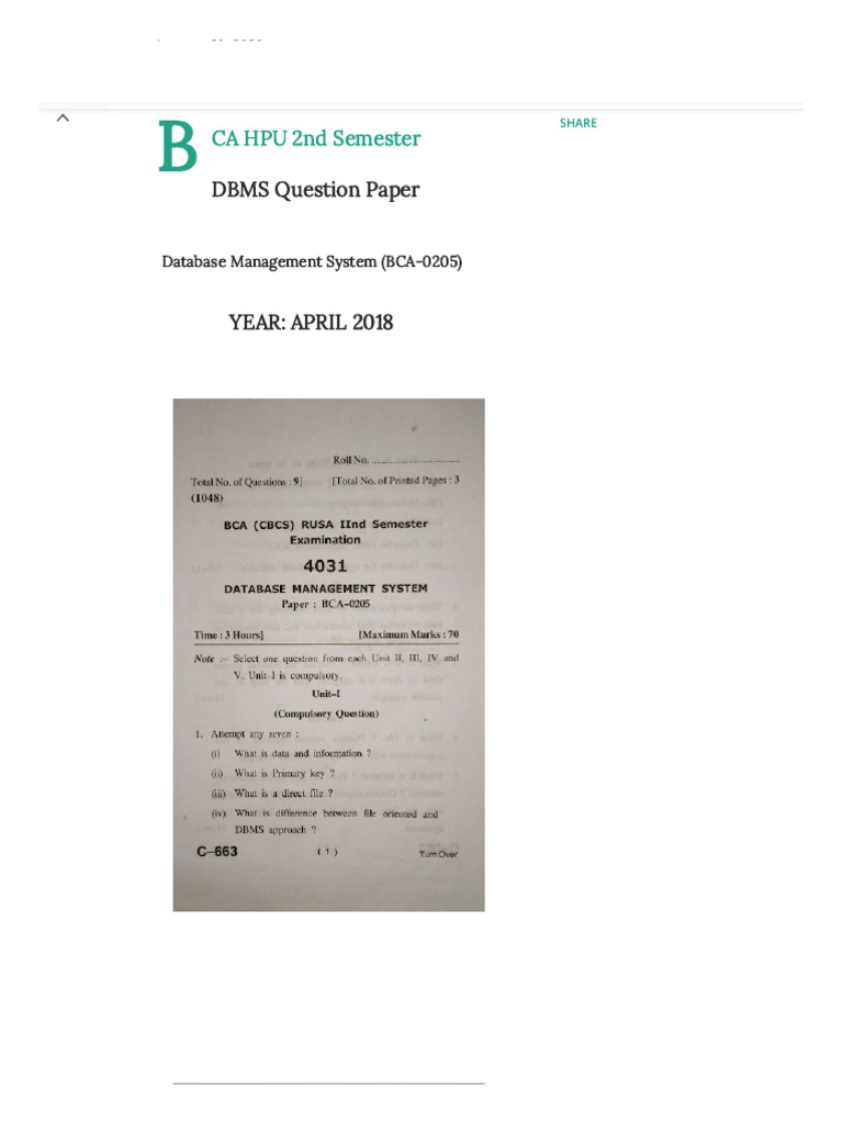 Bca Dbms Question Paper Hpu | PDF