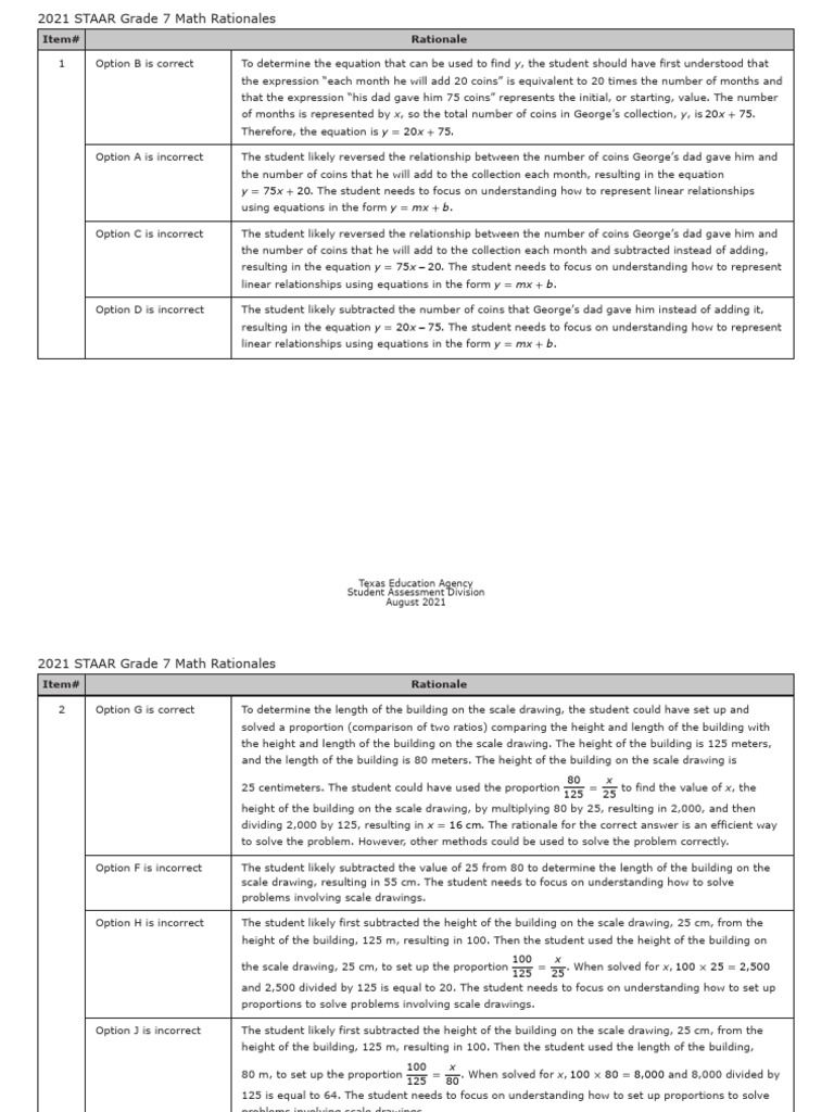 2021 STAAR Grade 7 Math Answer Rationales | PDF | Area | Volume