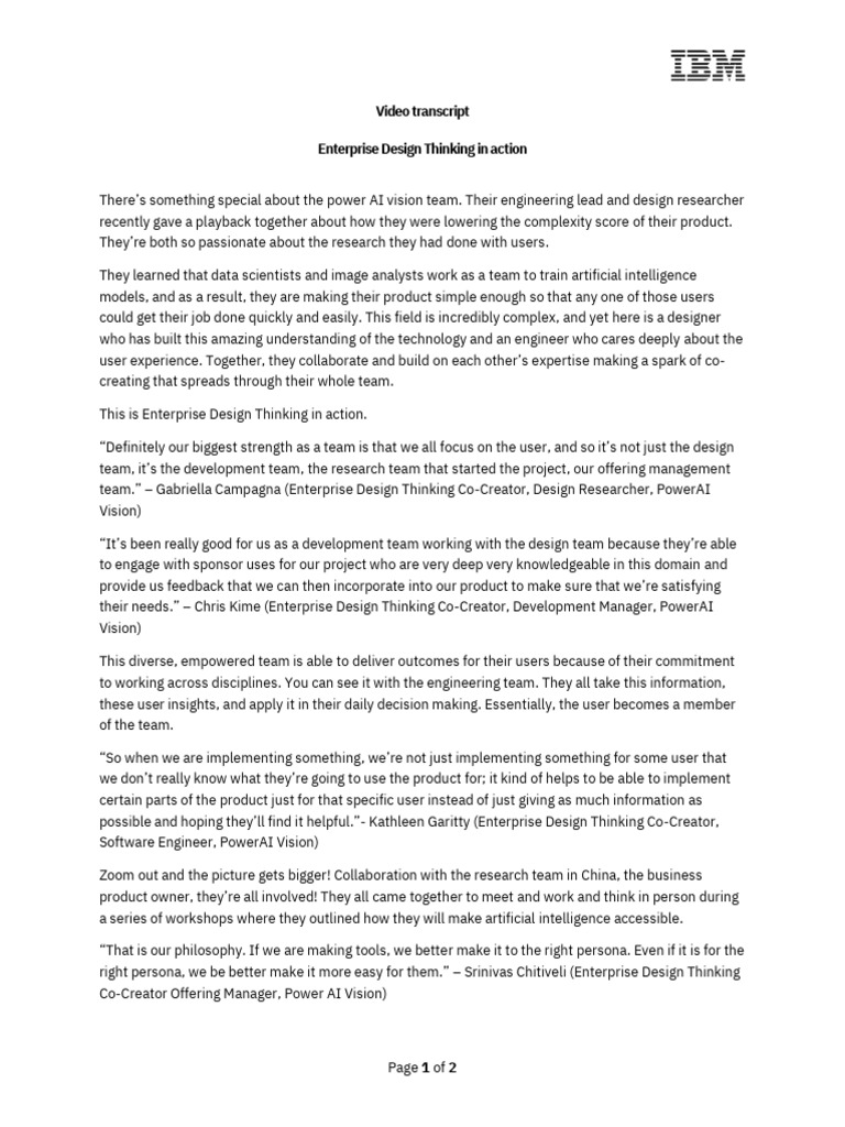 Video Transcript - Enterprise Design Thinking in Action | PDF | Artificial Intelligence ...