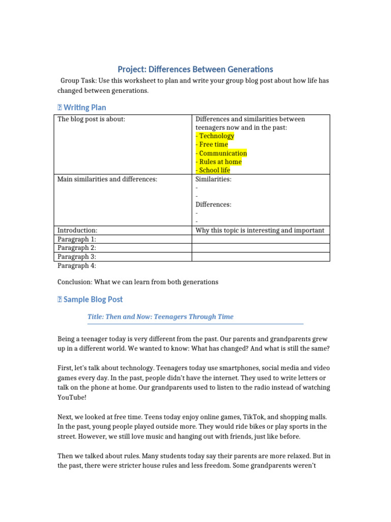 Differences Between Generations Worksheet | PDF | Adolescence