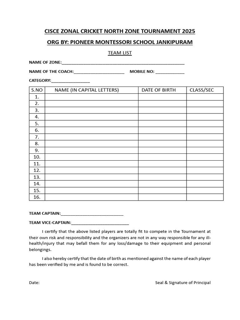 Zonal Player Registration for Cricket 2025 | PDF