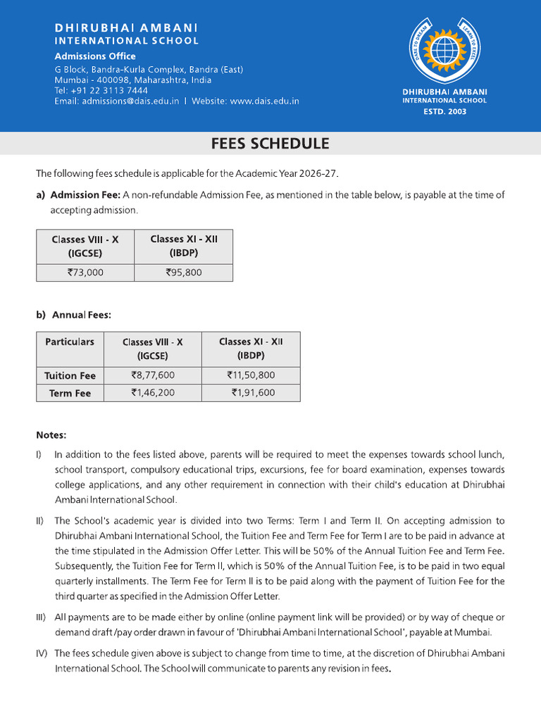 Dhirubhai Ambani International School Fees Breakdown (DAIS/NMAJS) | PDF