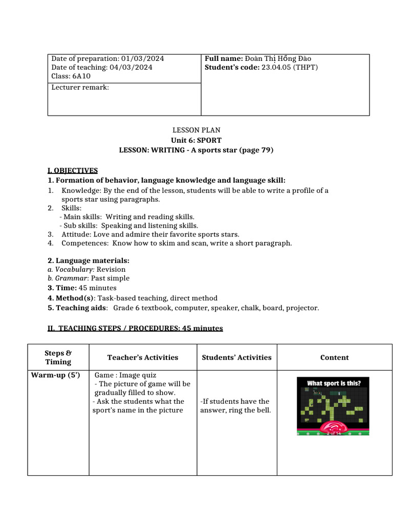 Writing Lesson Plan: Sports Star Profile | PDF | Lesson Plan | Behavior ...