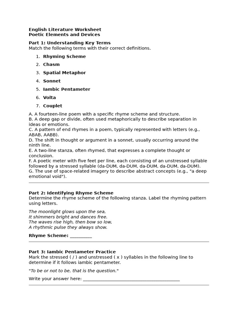 English Literature Worksheet | PDF | Poetry | Rhyme