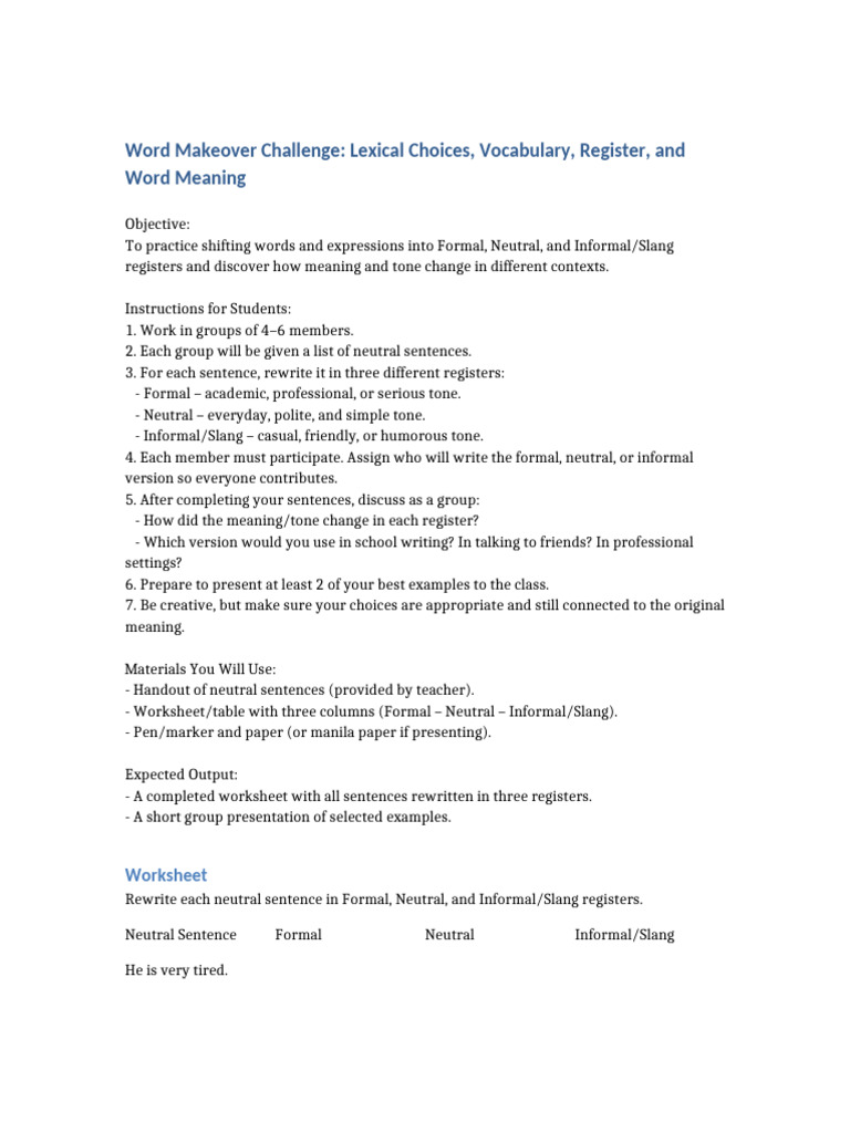 Lexical Choices Worksheet | PDF | Linguistics | Human Communication