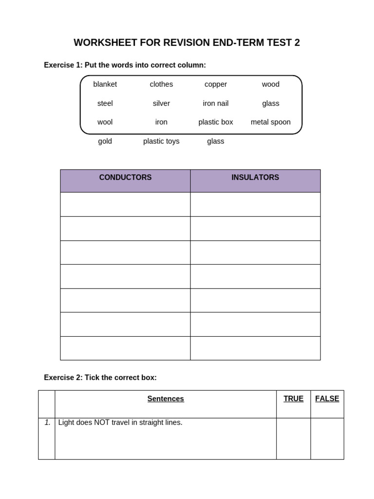 Worksheet For Revision Final Test 2 | PDF