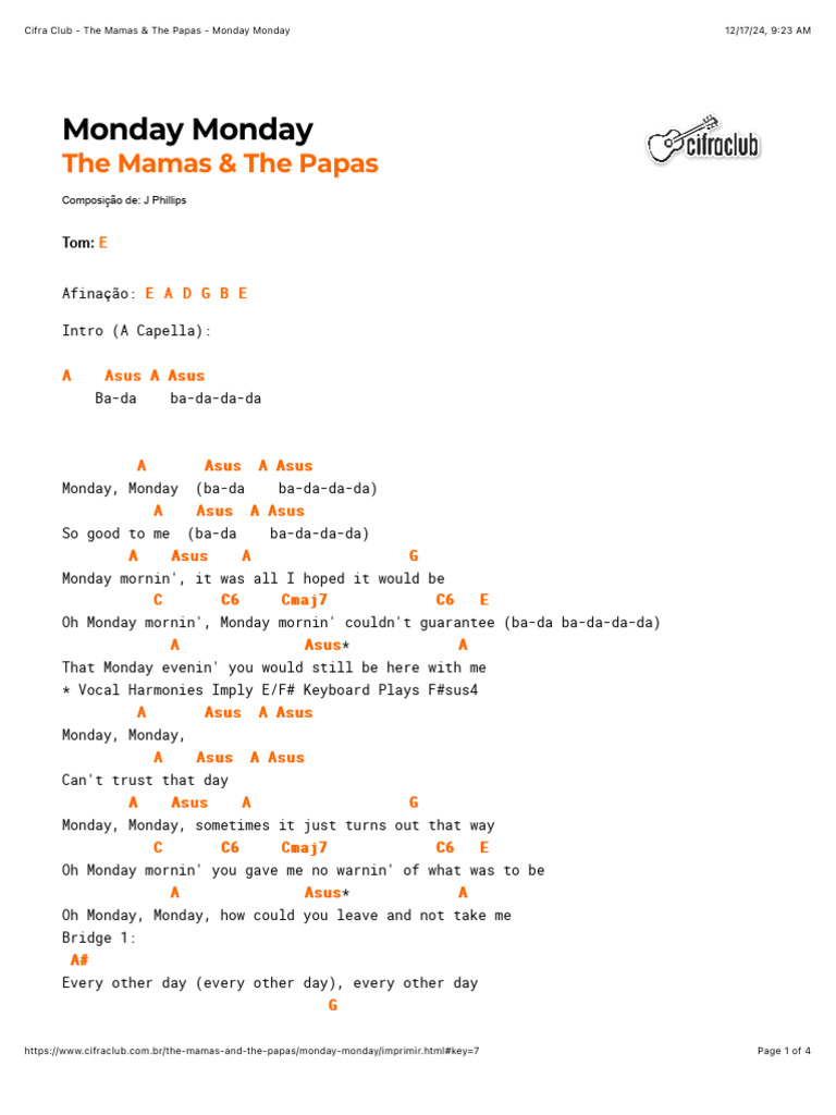 "Monday Monday Lyrics & Chords" | PDF | Sound Recording