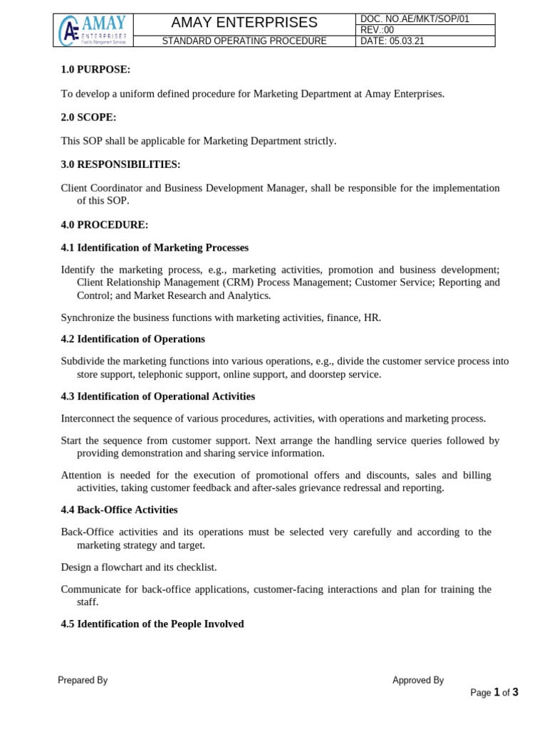 Marketing SOP for Amay Enterprises | PDF | Customer Relationship ...