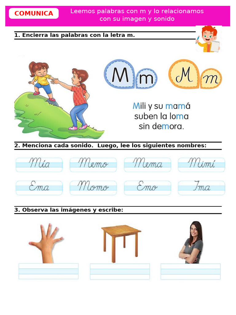 D1 A1 FICHA COM. Leemos Palabras Con M y Lo Relacionamos Con Su Imagen ...