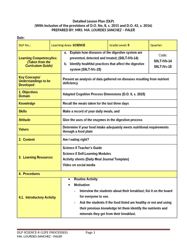 Grade 8 Science DLP: Digestive Health | PDF | Foods | Nutrients