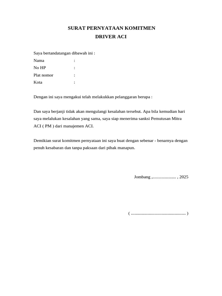 Surat Komitmen Driver ACI 2025 | PDF