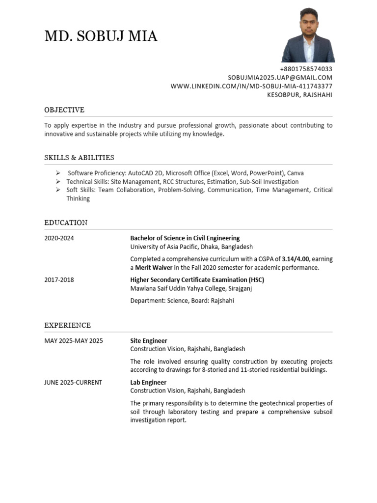 Md. Sobuj Mia Civil Engineer CV | PDF | Engineer | Civil Engineering