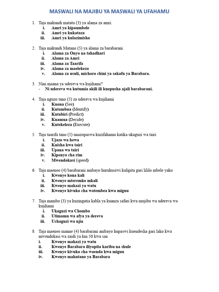 Maswali Na Majibu Ya Maswali Ya Ufahamu - 104854 | PDF