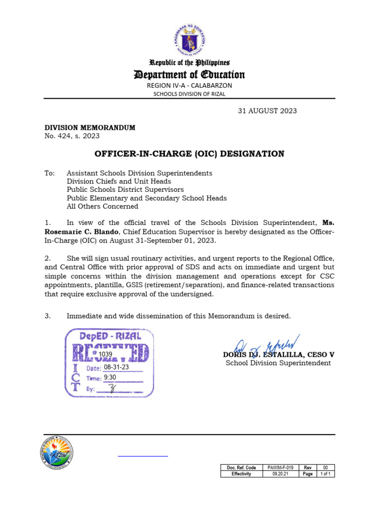 OIC Designation Memo for August 2023 | PDF