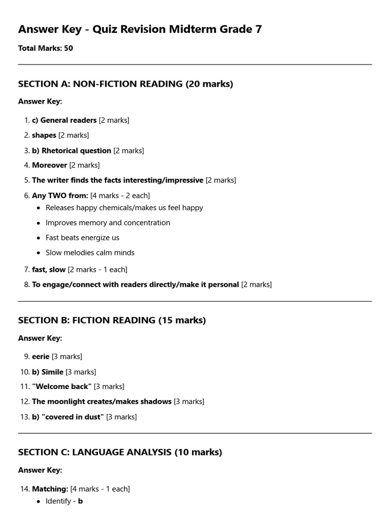Grade 7 Midterm Quiz Answer Key | PDF | Verb | Word