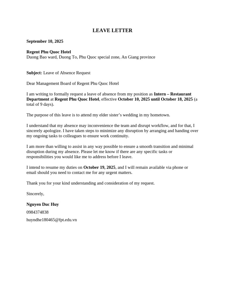 Leave Request for Restaurant Internship | PDF
