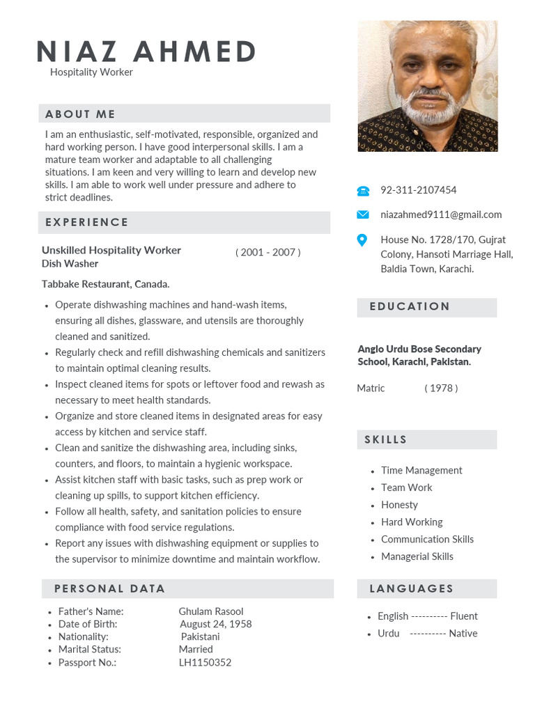 Niaz Ahmed: Hospitality Worker Profile | PDF | Kitchen